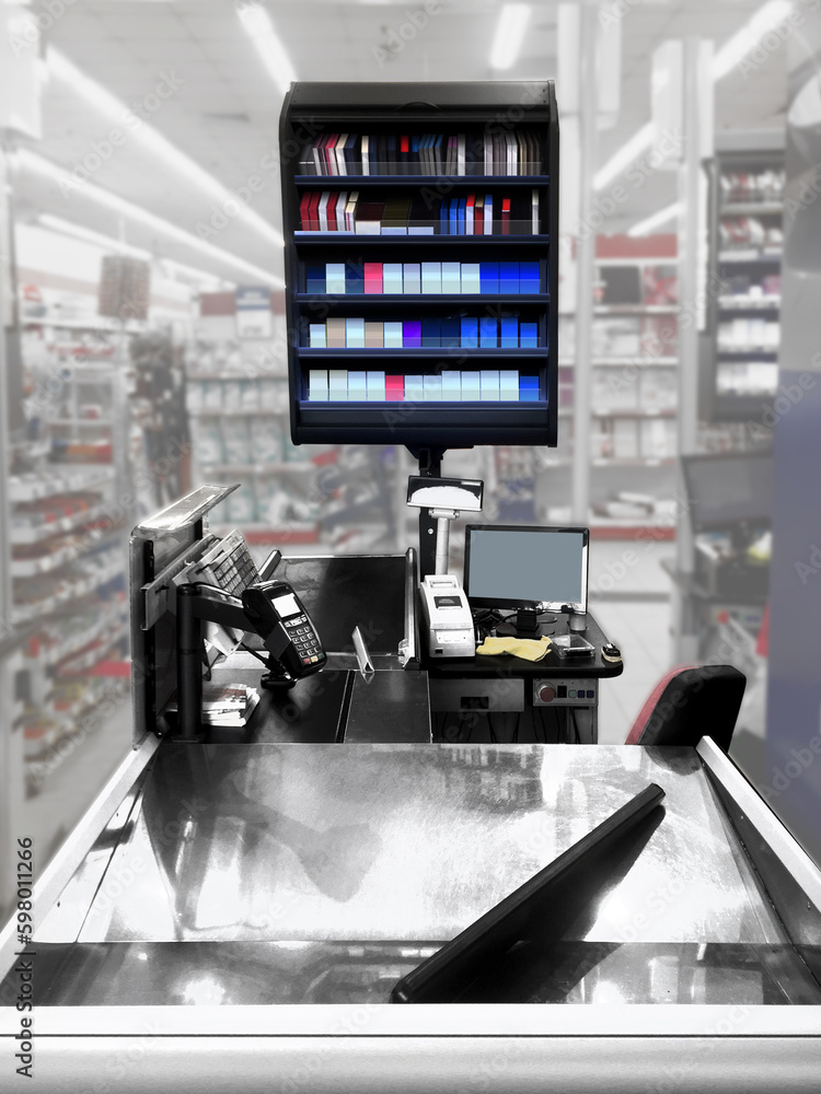 Cigarette packs display in supermarket at cashier counter Horizontal ...