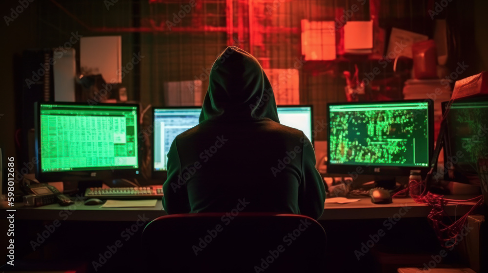 Back View Of A Nefarious Hacker Sitting On Their Chair Behind Computer Generative Ai Stock