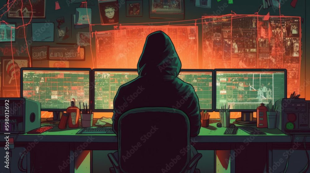 Back View Of A Nefarious Hacker Sitting On Their Chair Behind Computer Generative Ai Stock