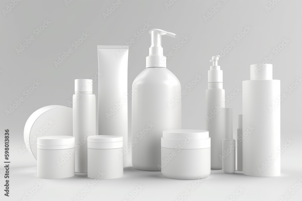 Different types of white cosmetic containers on light background ...