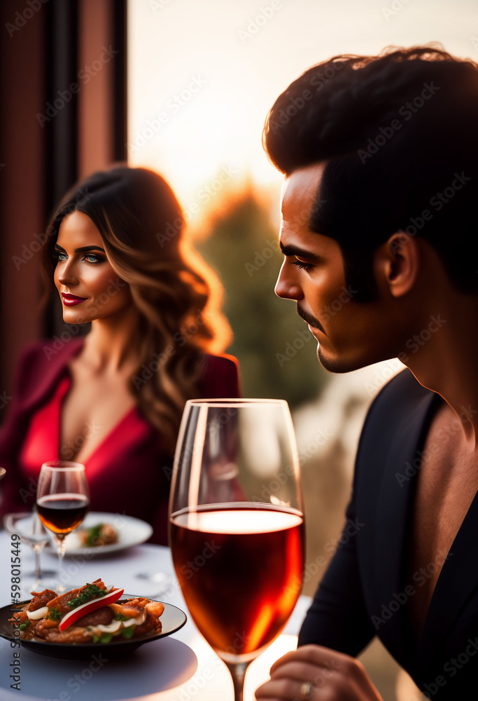 Couple at romantic dinner in restaurant. brunette man looking ...