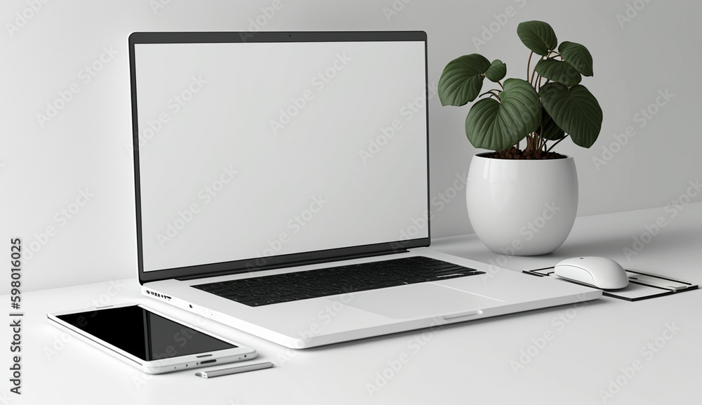Laptop mockup with green leaves on white background, Generative AI ...
