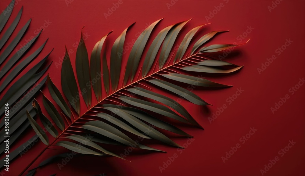 Red palm tropical leaves on red background, template for design ...