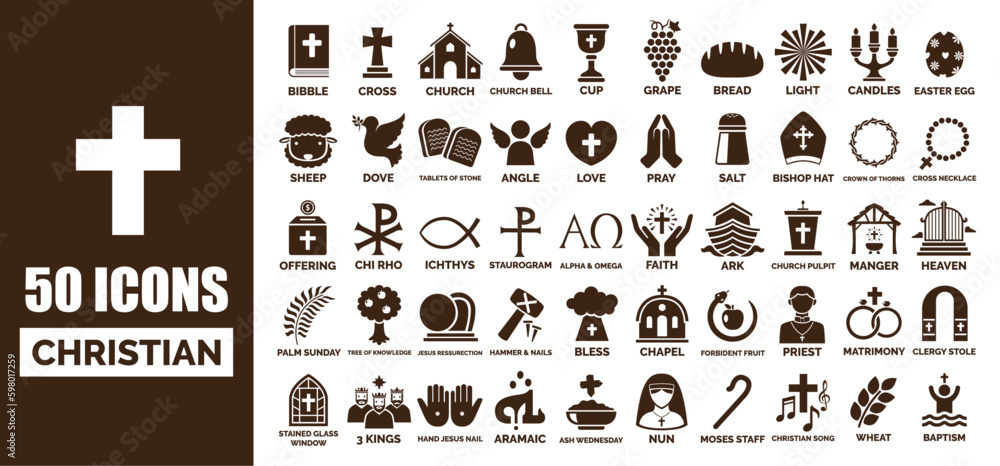 50 Christian icon collection with name in flat design style Stock ...