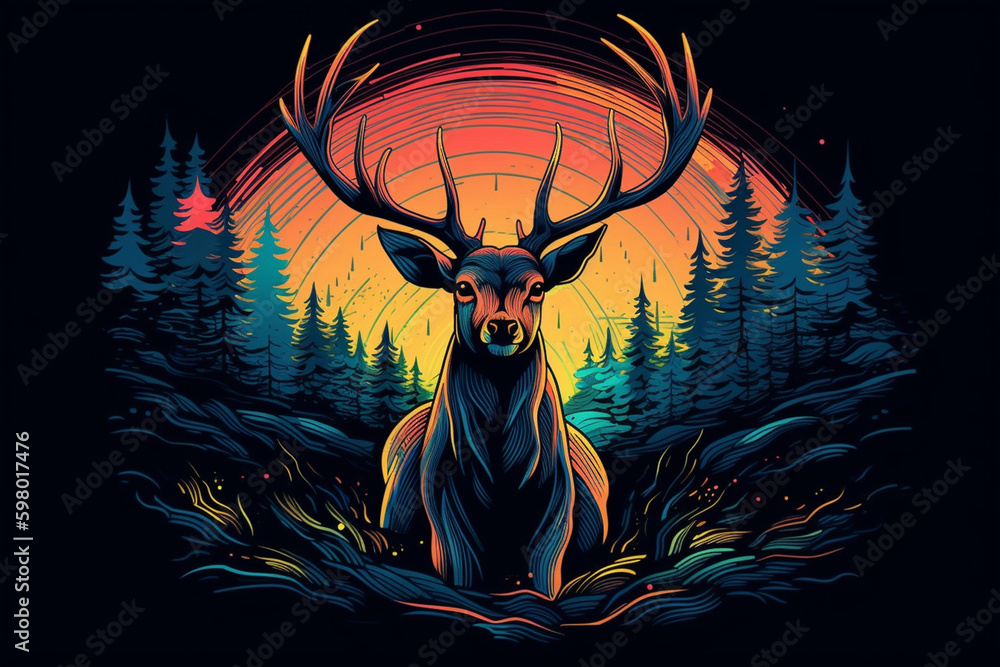 buck deer with pine trees, mountains as native american style art ...