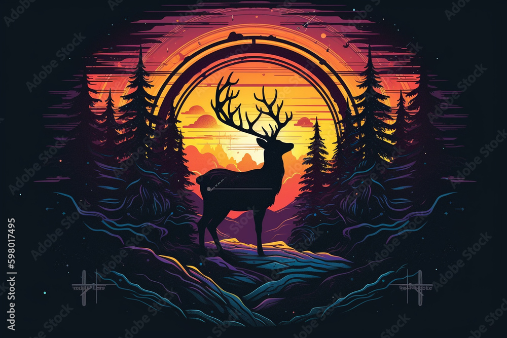 buck deer with pine trees, mountains as native american style art ...