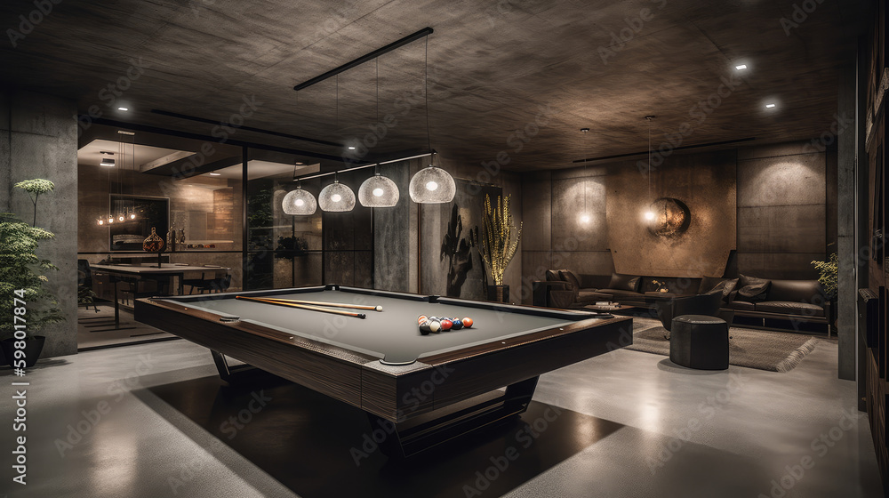 Man cave billiard table with lights and concrete walls, generative ai ...