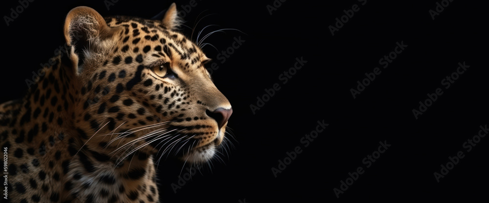 Cheetah head, a large carnivorous animal close-up. Panoramic image of ...