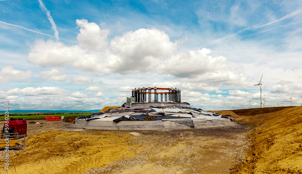 Construction site. Foundations of wind turbines with concrete and steel ...