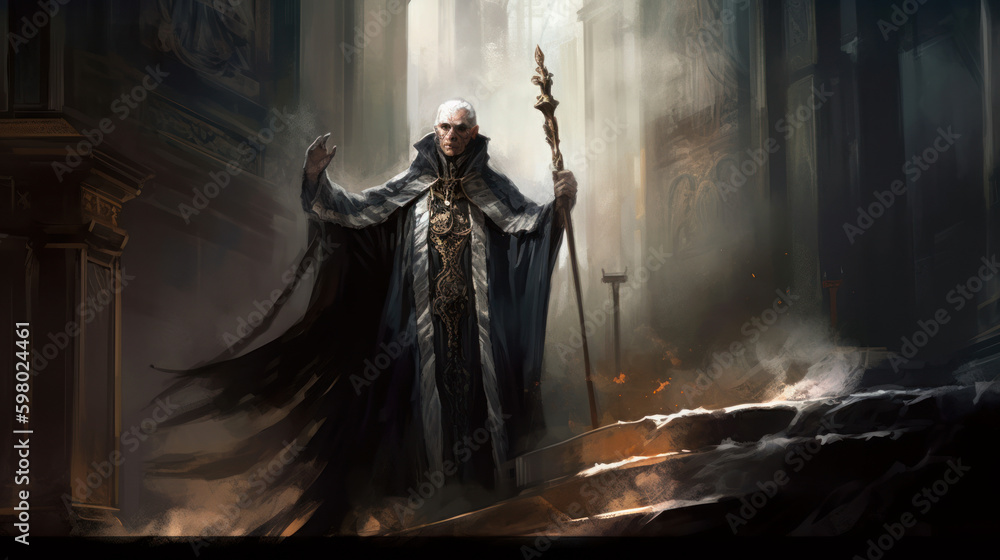 Old priest in long coat with cape in church, fantasy visualisation of ...