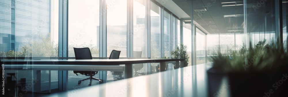 A light and airy modern office interior featuring panoramic windows ...