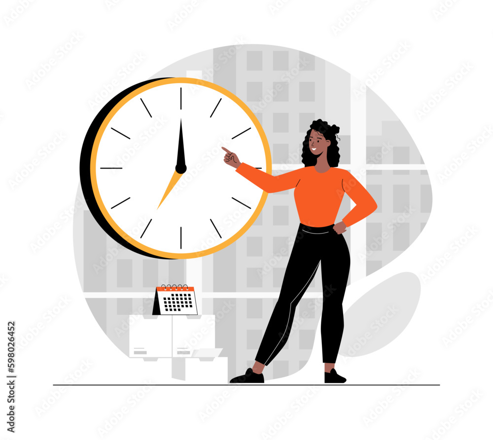 Time management concept. Woman with a big clock, controls time and ...