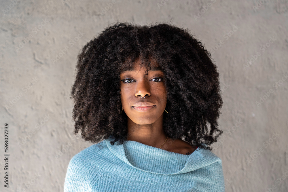 Portrait of happy african american woman - Curly hair cuban woman with ...