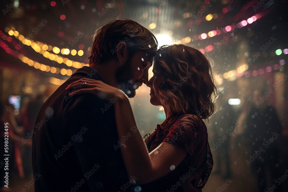 Love is in the air! Cute romantic couple dancing in a dark bar ...