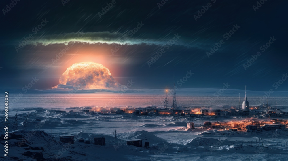 Nuclear explosion on the horizon of the snowy north with a peaceful ...