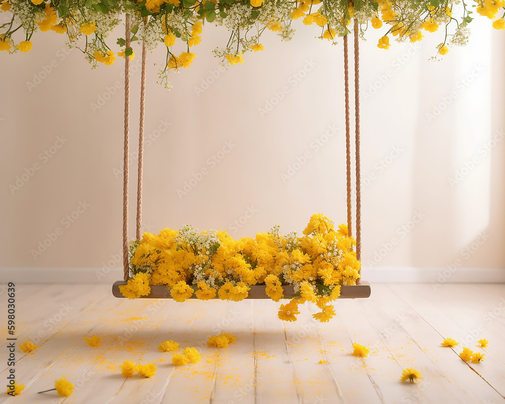 sfondo fotografico bucolico con altalena piena di fiori gialli, i ...