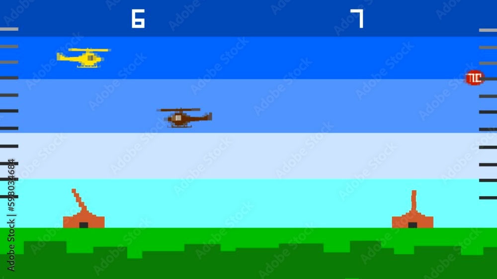 Animation of an old style 8-bit game with two cannons on the ground ...
