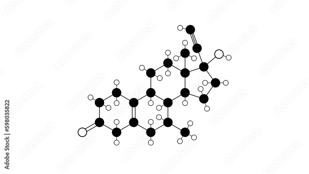 tibolone molecule, structural chemical formula, ball-and-stick model ...