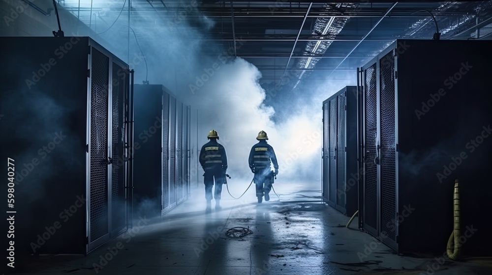 Firefighters tackling data center fire with burning servers racks ...