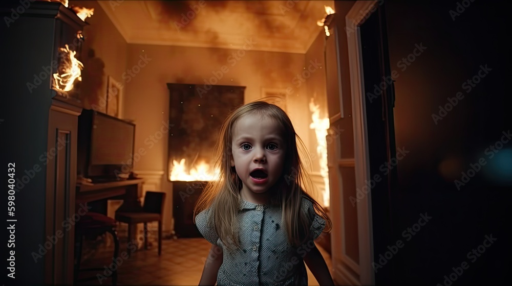 Scared little girl running away from fire in home, screaming girl ...