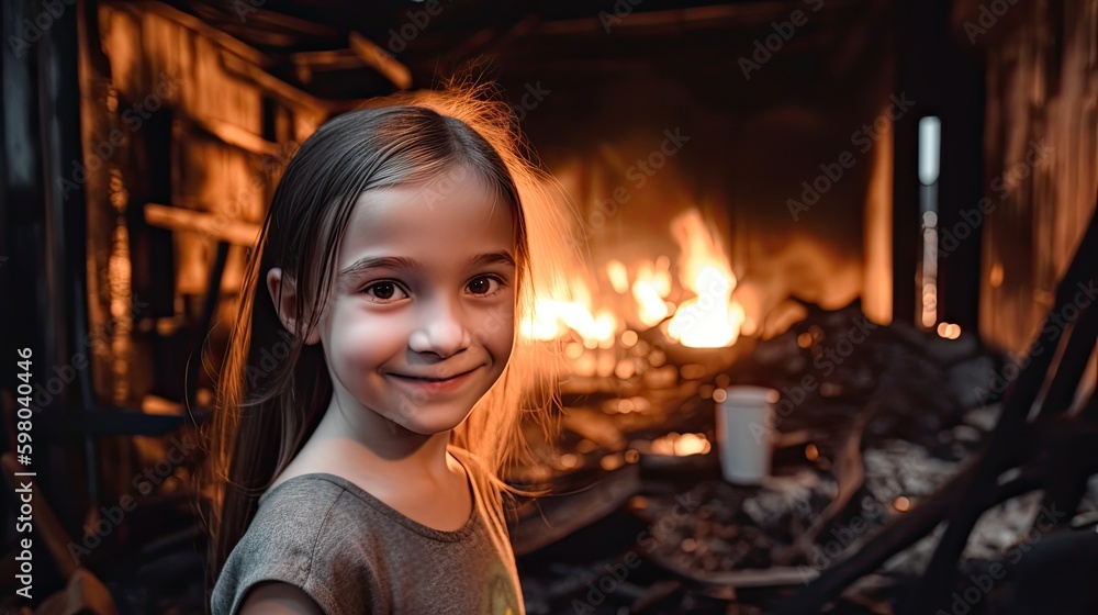 Smiling sarcastic little girl stands on burning home background ...