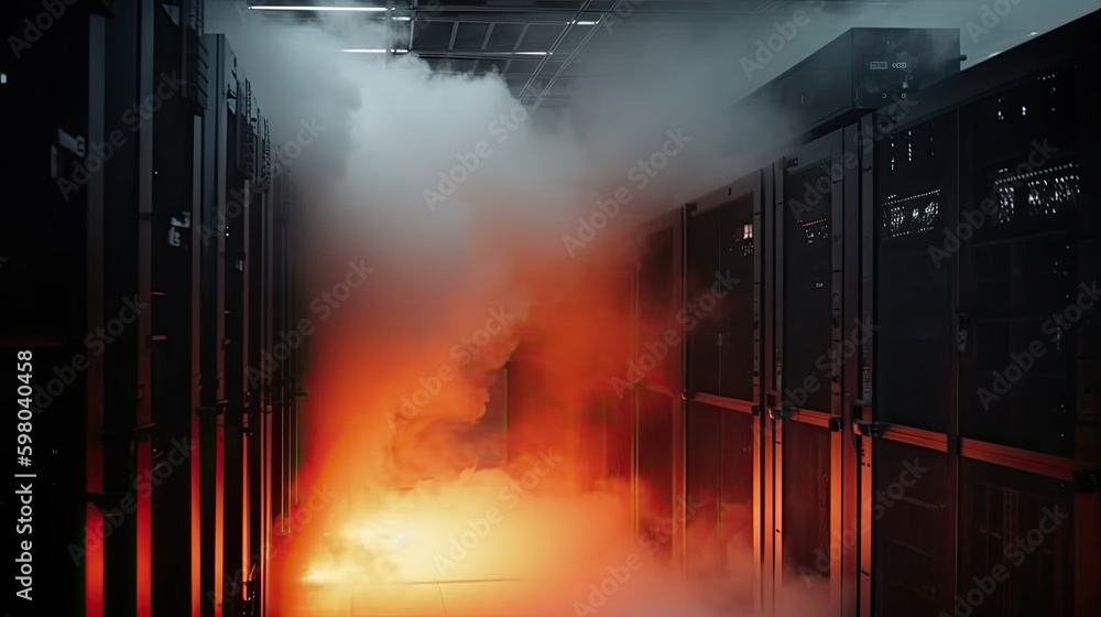 Data center fire with burning servers racks, Internet unexpected outage ...