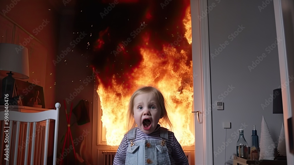 Scared little girl running away from fire in home, screaming girl ...