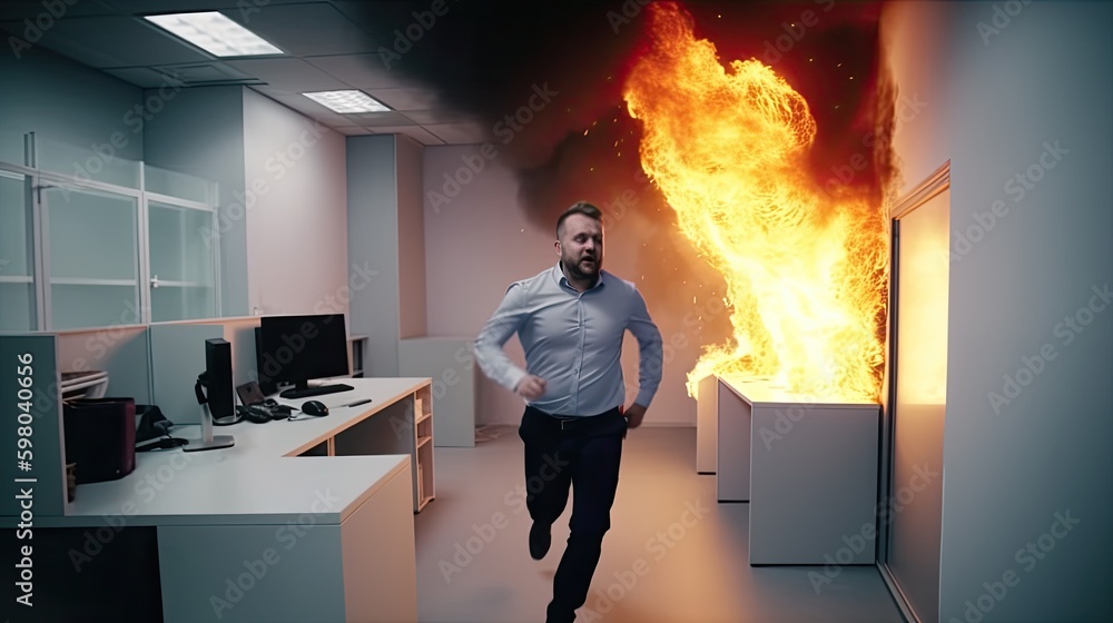 Scared man running away from fire in office, screaming office employee ...