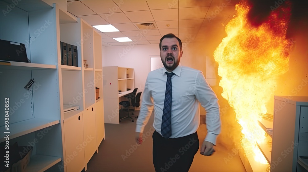 Scared man running away from fire in office, screaming office employee ...