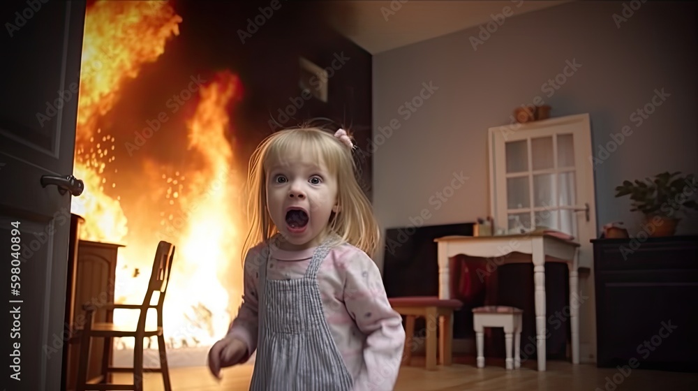 Scared little girl running away from fire in home, screaming girl ...