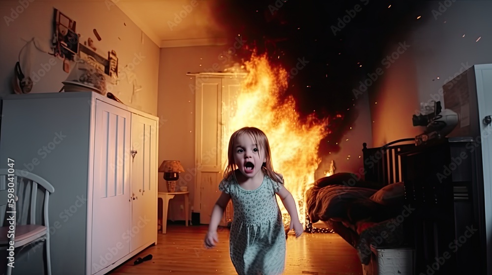Scared little girl running away from fire in home, screaming girl ...