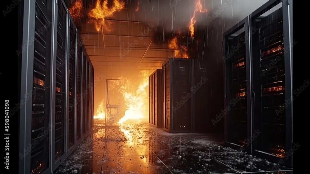 Data center fire with burning servers racks, Internet unexpected outage, big data center offline ...