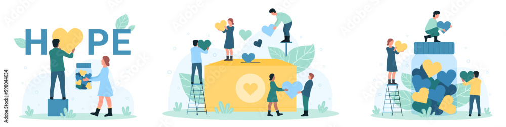 Vetor de Charity services set vector illustration. Cartoon tiny people ...