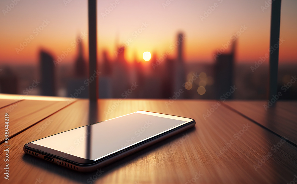 Blank empty mobile phone screen on wooden tabel over sunset and ...