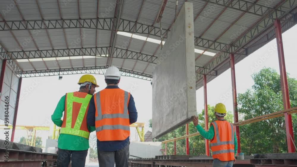 Team young asian engineer man walking while crane lifting precast ...