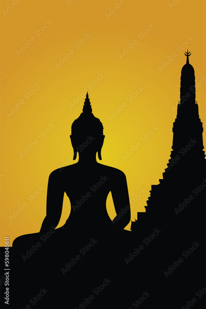 Buddha of silhouette meditating yellow color vector background - Magha ...