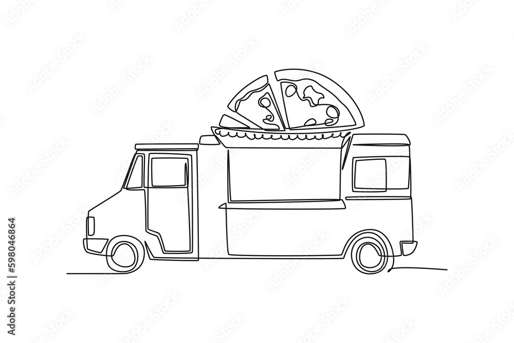 Continuous one line drawing Food trucks. Restaurant on wheels. Vans for ...