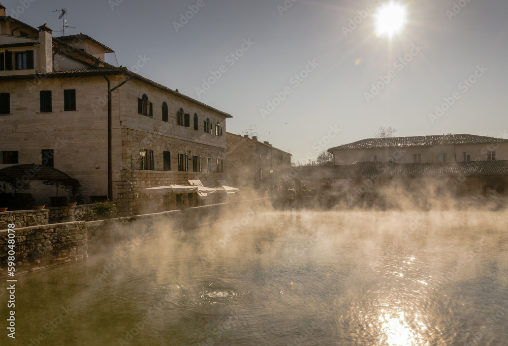 Old thermal baths in the medieval village of Bagno Vignoni, Siena ...