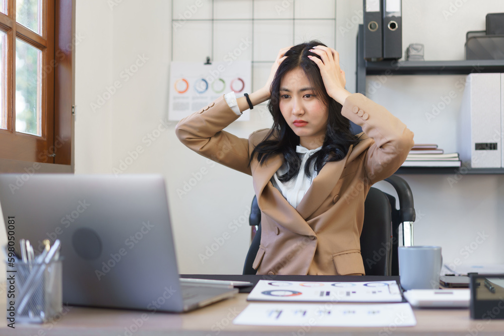 Secretary concept, Female secretary put hands on head while stressed ...