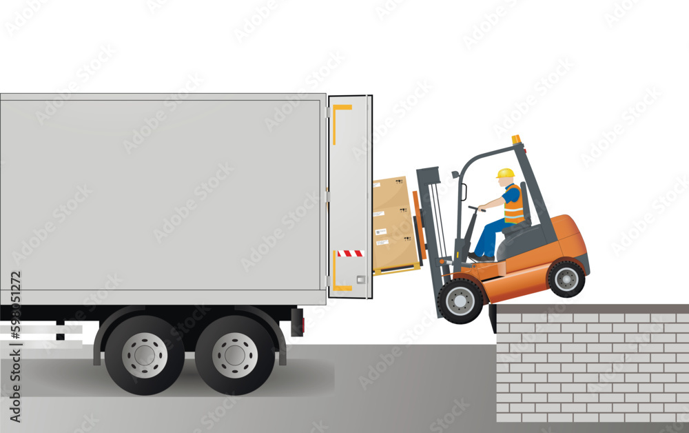 Dangers of working with a forklift. Fall off the loading ramp. Stock ...