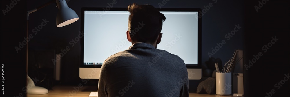 Rear view of person staring at computer, with a blank document or ...