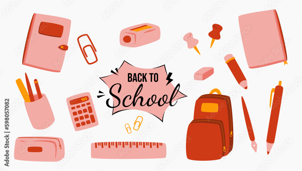 Pack of pink school supplies for back to school theme design. Hand ...