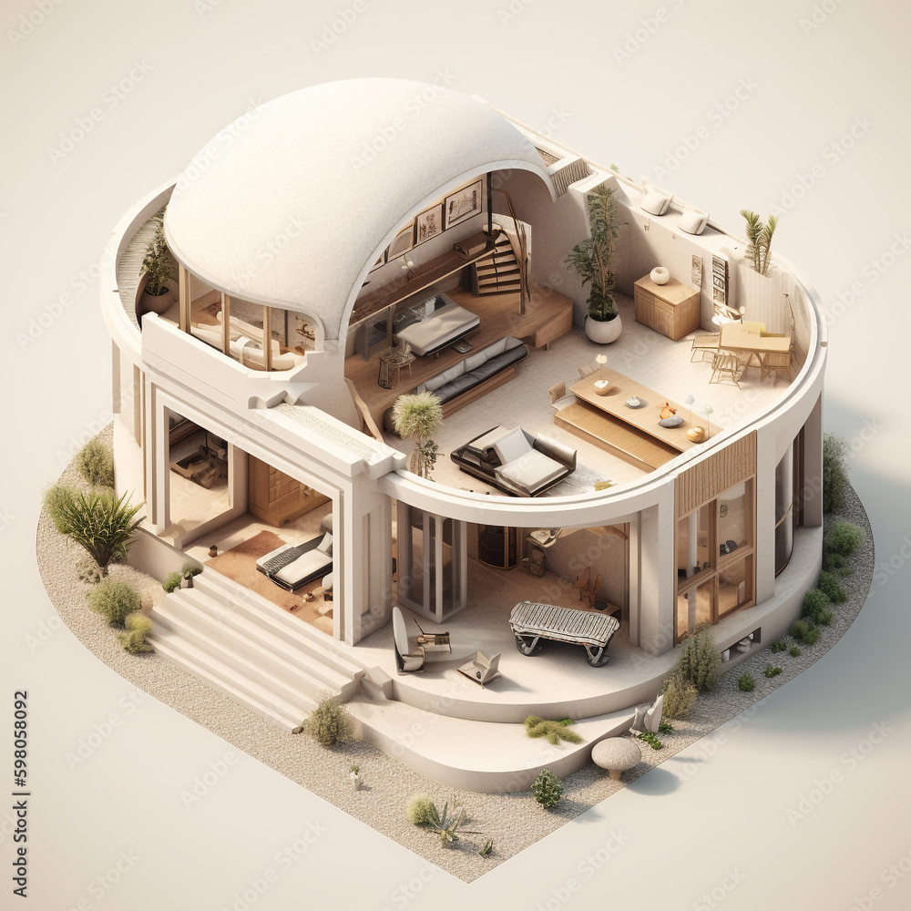 Isometric illustration of a bunglow house based on Arabic and Greece ...
