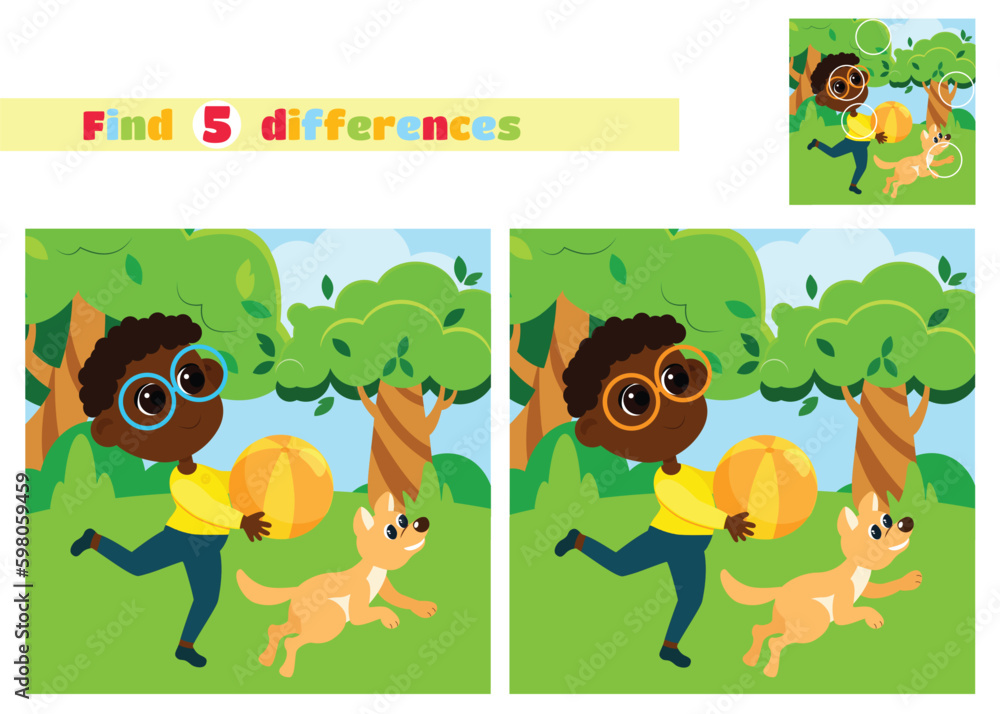 Find the differences. Boy running in park near trees with ball and dog ...