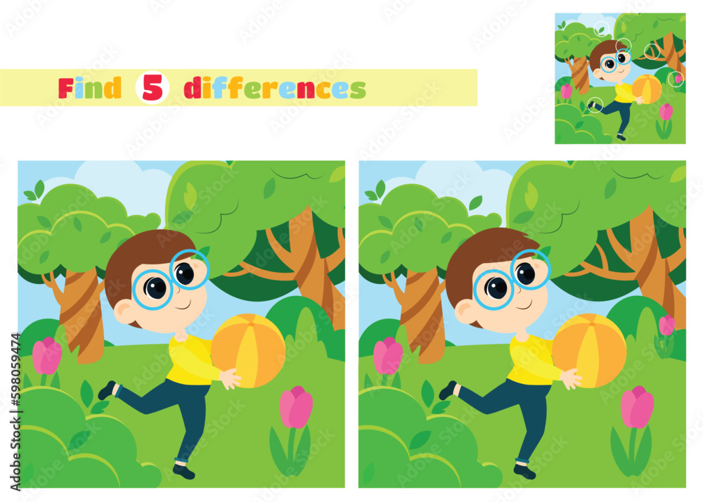 Find the differences. A boy runs with a ball in a green park in a ...