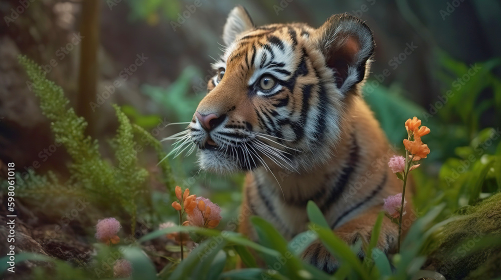 Cute and adorable tiger cub smelling fresh spring flower in the deep ...