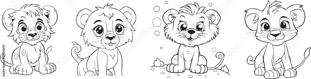 coloring book for kids, cute innocent baby lion vector character, black ...