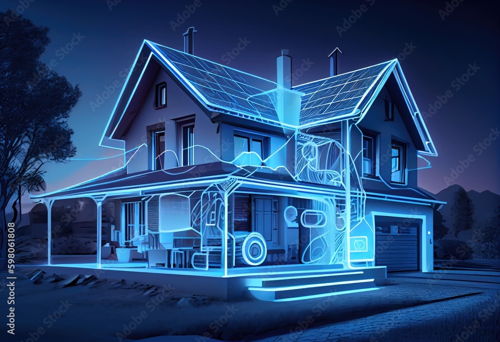 Smart house with solar panels, sketch in 3D with infographics in blue ...