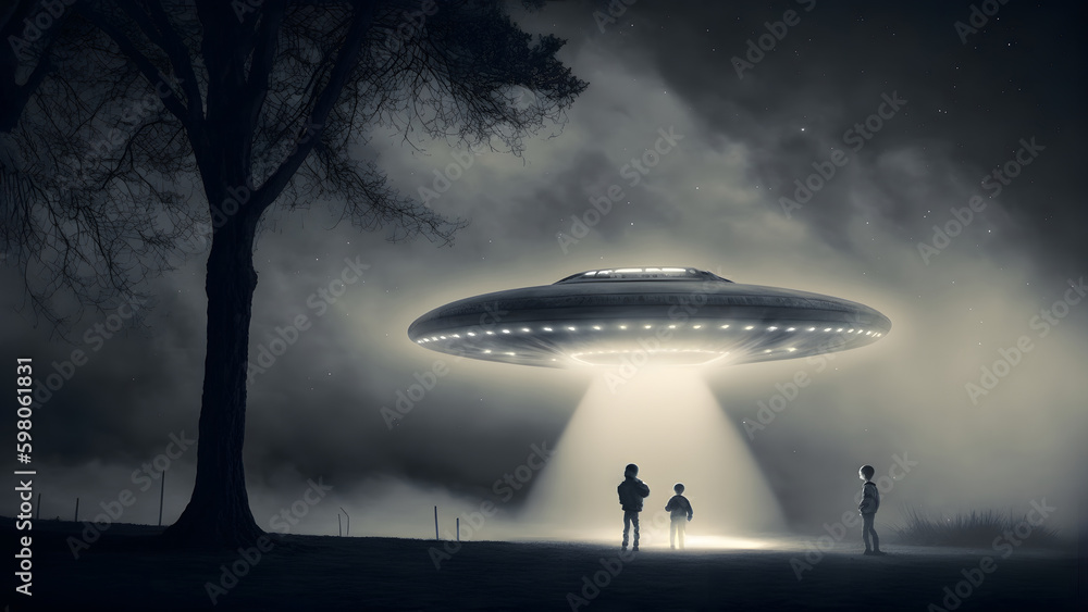 alien abduction concept, flying UFO saucer over kids silhouettes on the ...