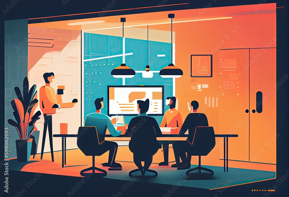 tech illustration, meeting company office, simple minimal, by slack and ...